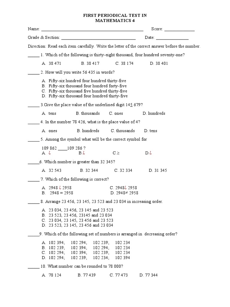 1st Periodical Test MATH IV 2017 2018 | PDF | Division (Mathematics ...