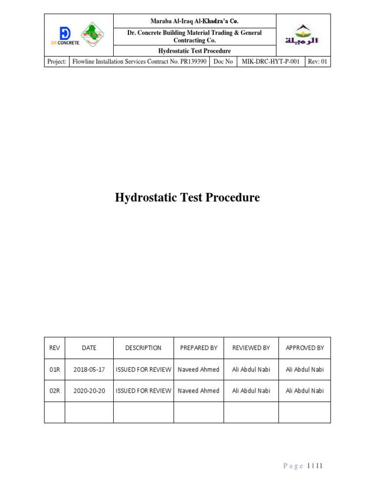 Hydro Test Procedure | PDF | Pipe (Fluid Conveyance) | Plumbing