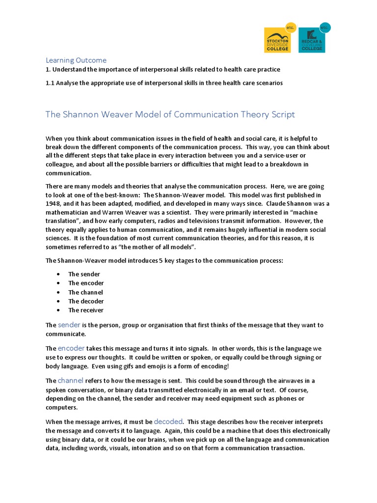 The Shannon Weaver Model of Communication Theory Script | PDF ...