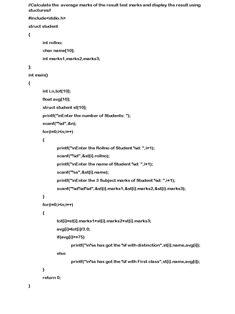 Calculate The Average Marks of Student Using Stucture | PDF