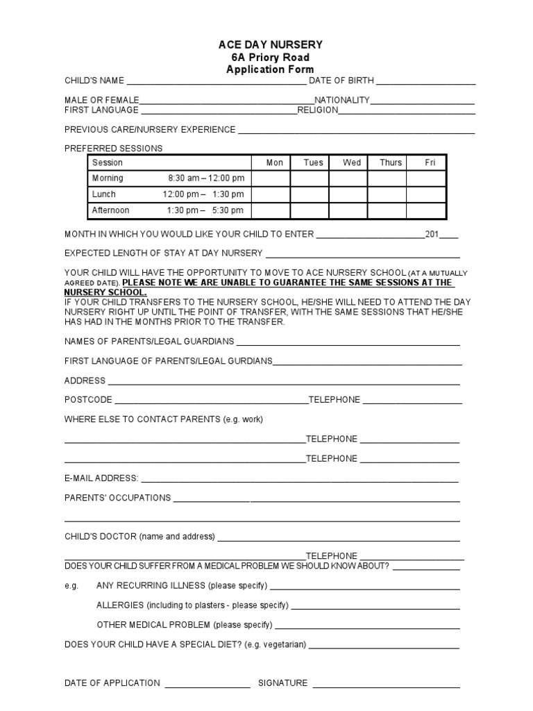 ACE Day Nursery Application Form | PDF | Child Care | Relationships