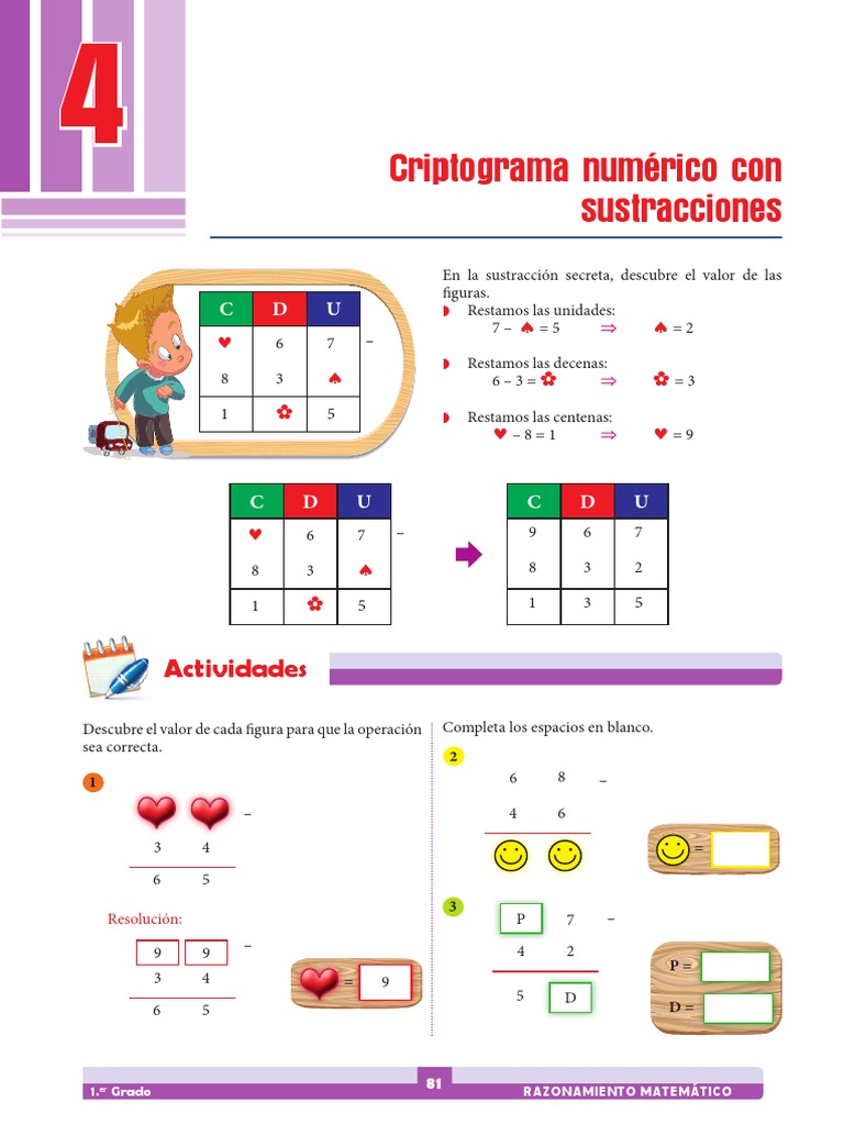 RM - 1°grado - S4 - Criptograma Numérico Con Sustracciones | PDF | Matemáticas | Aritmética