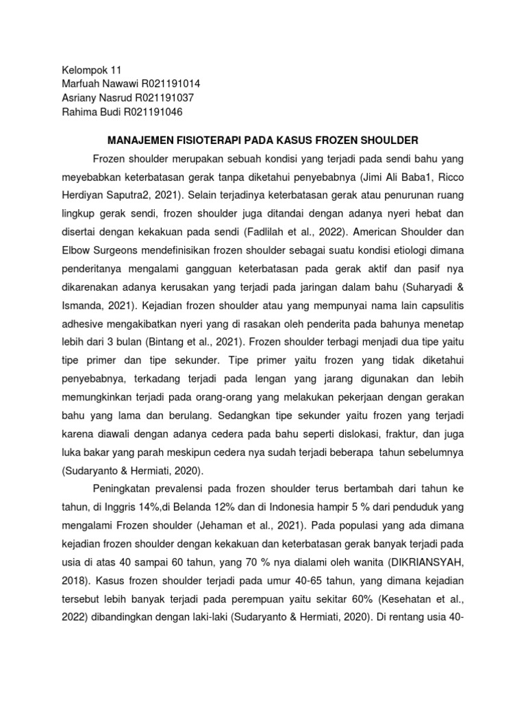 Manajemen Fisioterapi Pada Kasus Frozen Shoulder | PDF