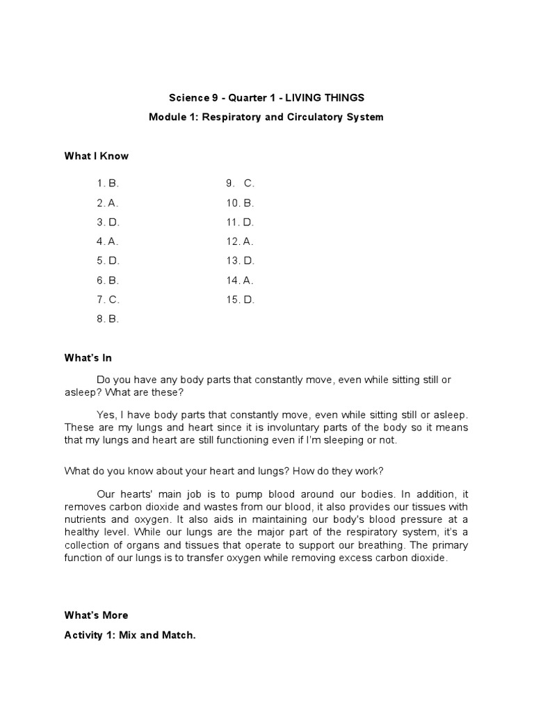 LIVING THINGS Module 1 Respiratory and Circulatory System | PDF