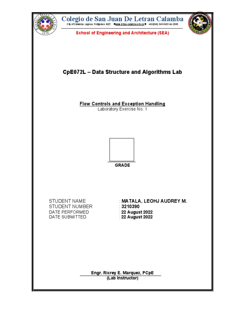 CpE072L Lab Exercise 1 - Flow Controls and Exception Handling | PDF | Technology & Engineering