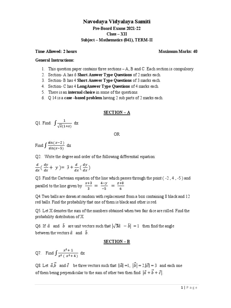 NAVODAYA Xii Maths QP in English | PDF | Equations | Plane (Geometry)