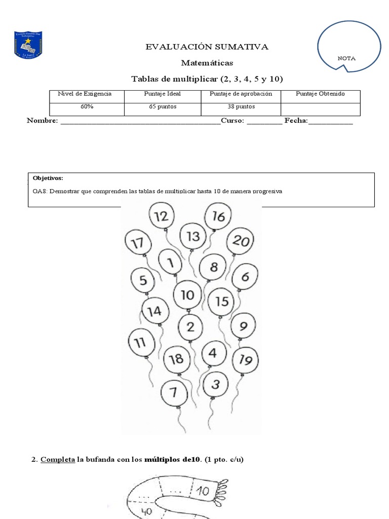 Evaluación de Tablas de Multiplicar | PDF