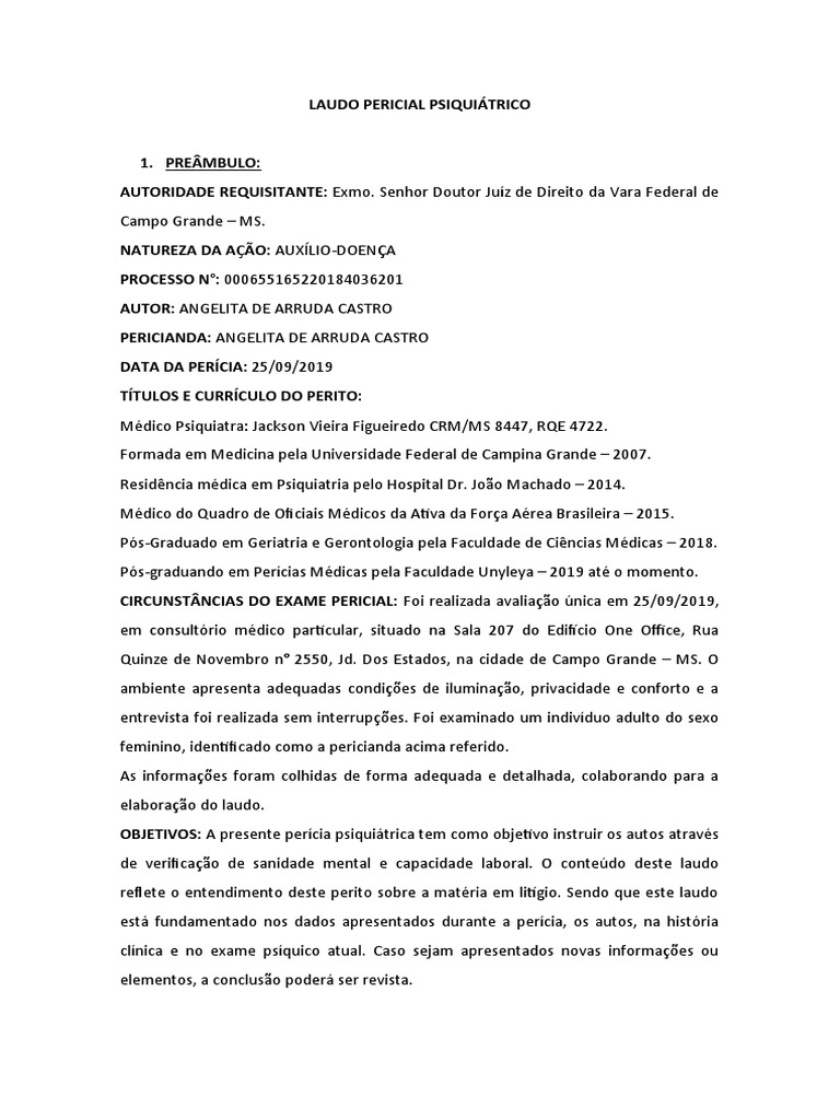 Laudo Pericial Psiquiátrico Angelita de Arruda Castro | PDF | Depressão ...