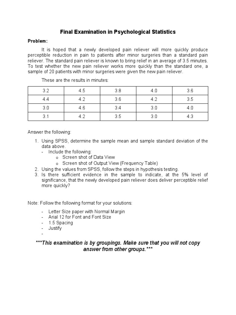 Final Examination in Psychological Statistics | PDF