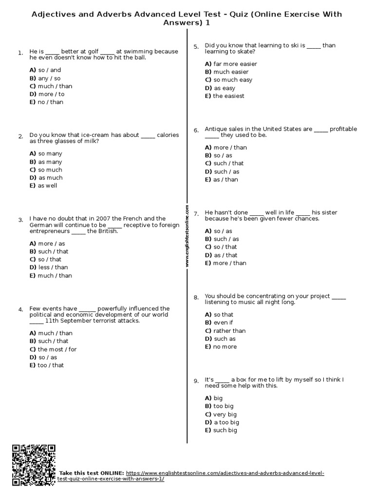 Adjectives and Adverbs Advanced Test | PDF