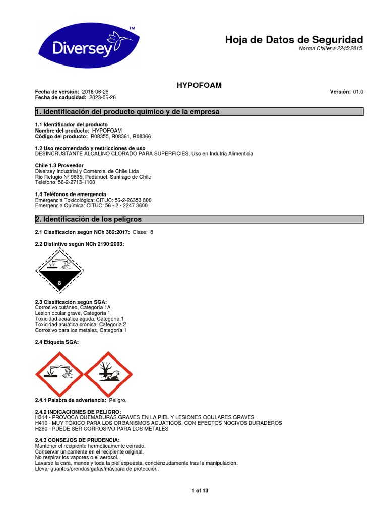 HDS Hypofoam - MSDS - Chile | PDF