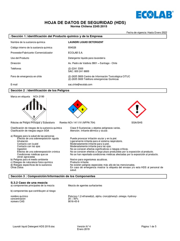 HDS Laundri Liquid Detergent - Ecolab | PDF | Agua | Toxicidad