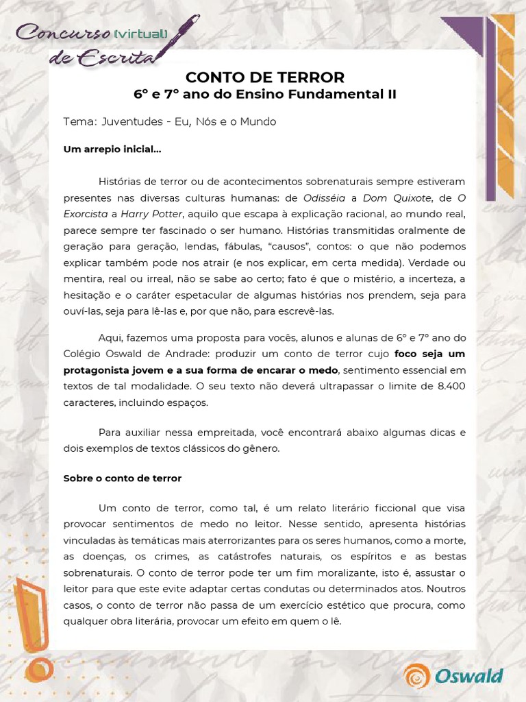 Conto de Terror 6º e 7º Ano Do Ensino Fundamental II Autor Colégio Oswald de Andrade | PDF ...