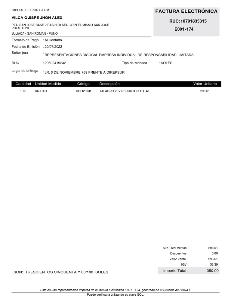 Factura 10701835315 E001 174 | PDF