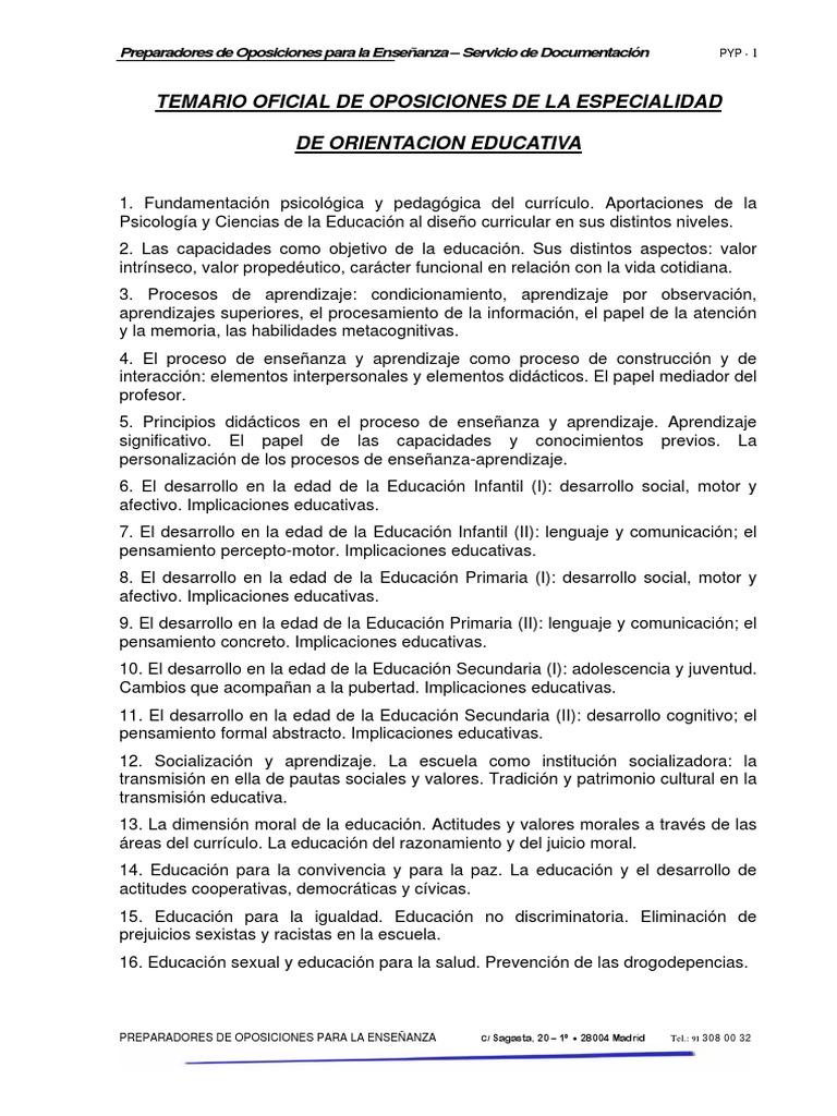 Temario oficial de oposiciones de la especialidad de Orientación Educativa | PDF | Evaluación ...