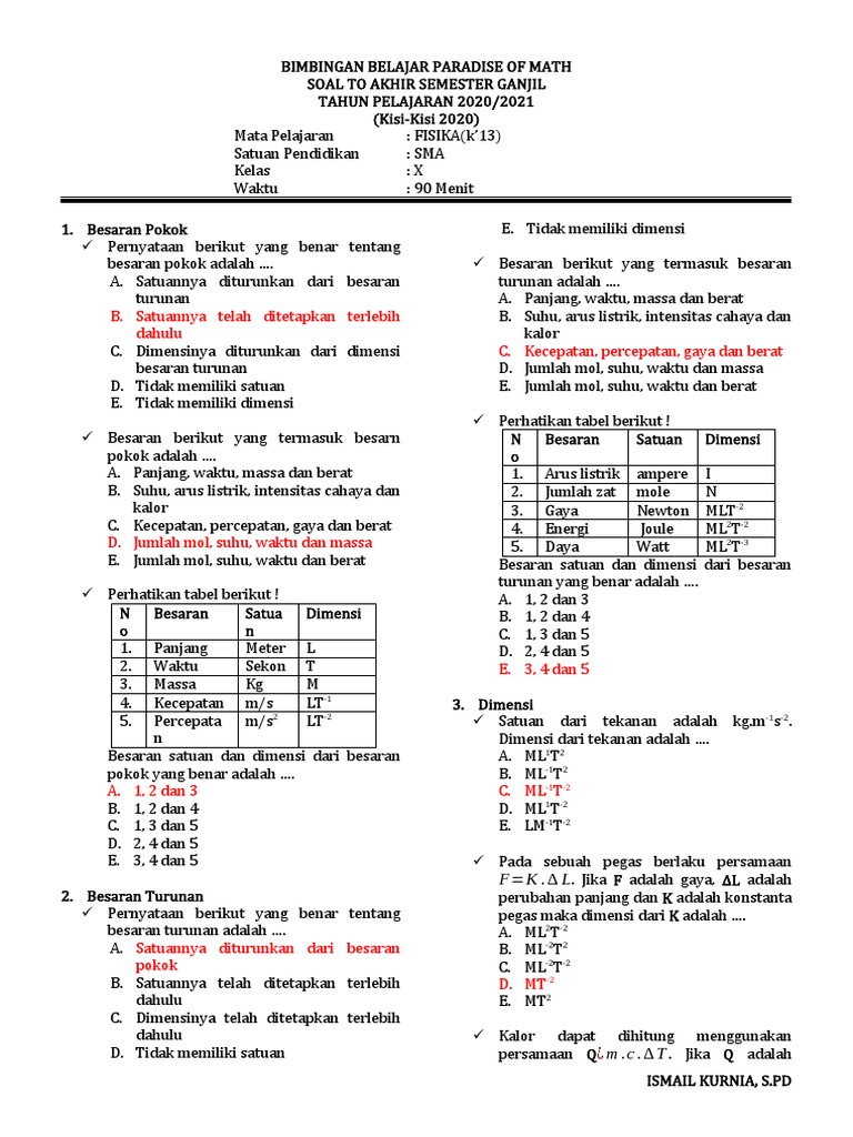 Fisika Kelas X Semester 1 - Uas Ganjil | PDF