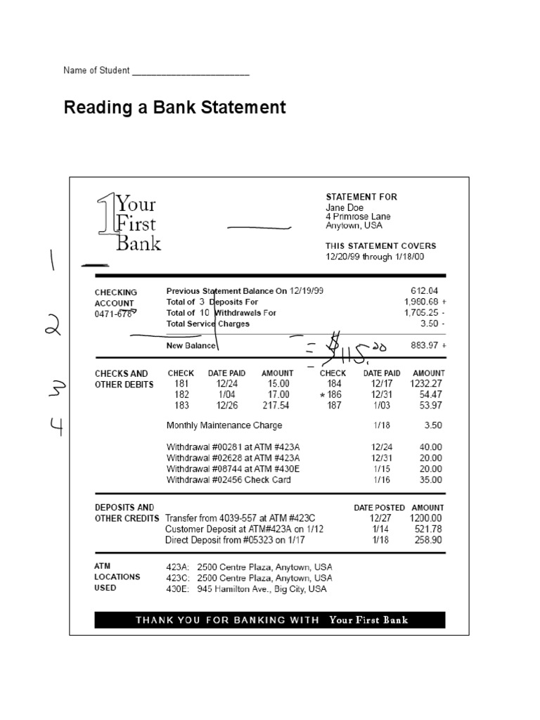 Balancing a Bank Statement Worksheet | PDF | Cheque | Deposit Account
