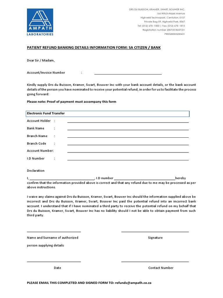Patient Refund Banking Details Form | PDF