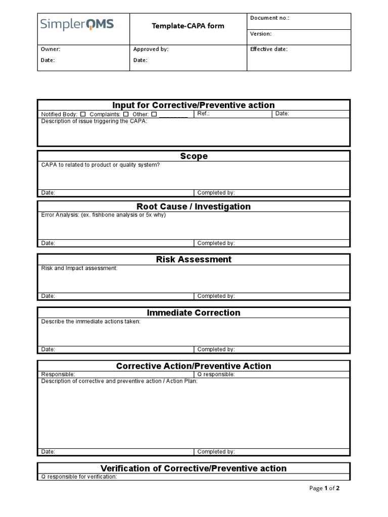 CAPA Form Template | PDF