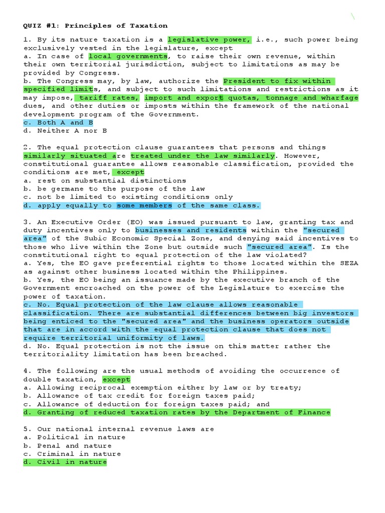 QUIZ 1 Principles of Taxation | PDF | Taxes | Taxation In The United States