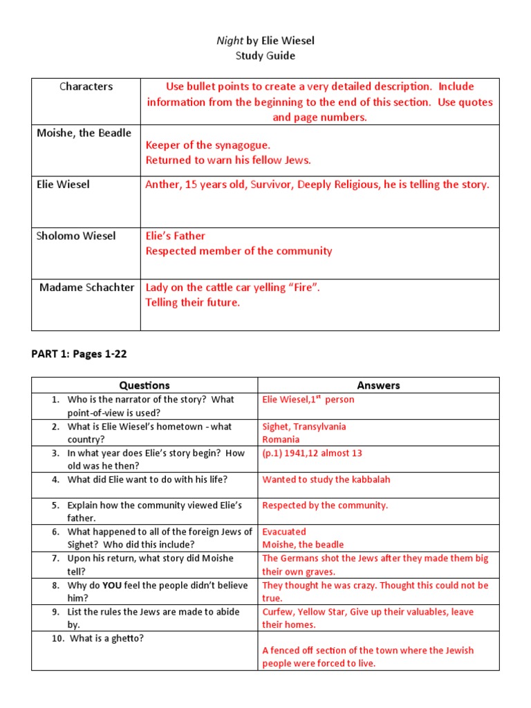 Night Study Guide Questions Hand Fill | PDF