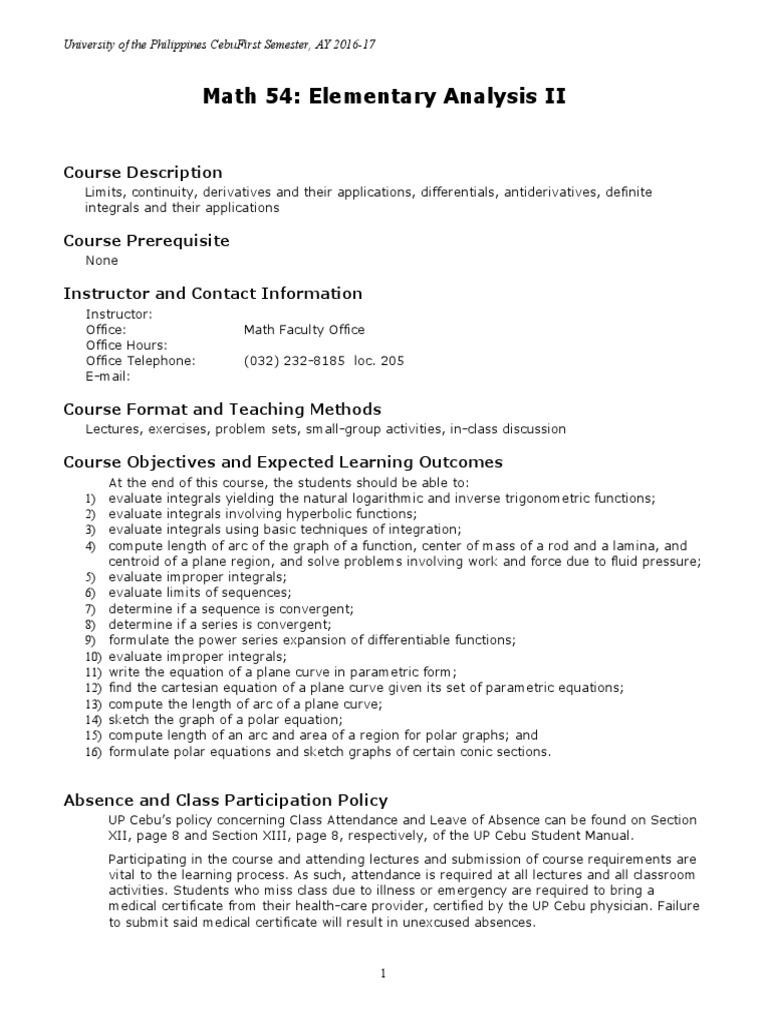 Math-54-Syllabus (Calculus 2 Equivalent) | PDF | Integral | Curve