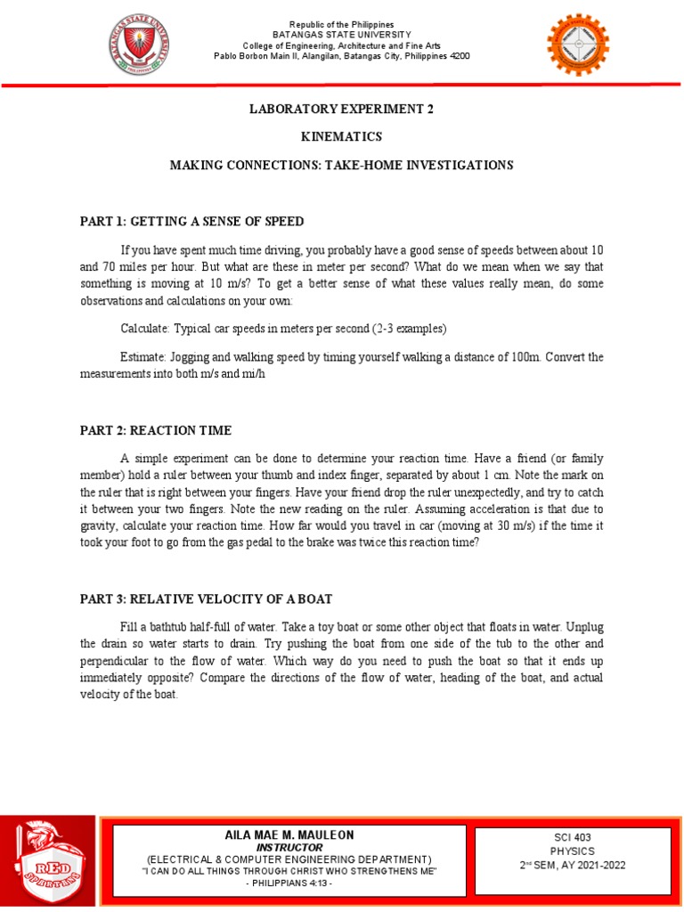 Laboratory Experiment 2 Kinematics Making Connections: Take-Home ...