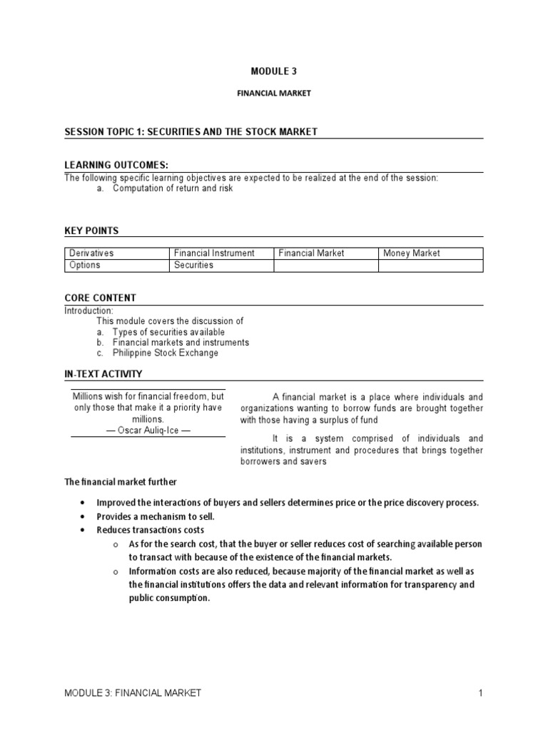 MODULE 3 SecuritiesAndStockMarket | PDF | Financial Markets | Stocks