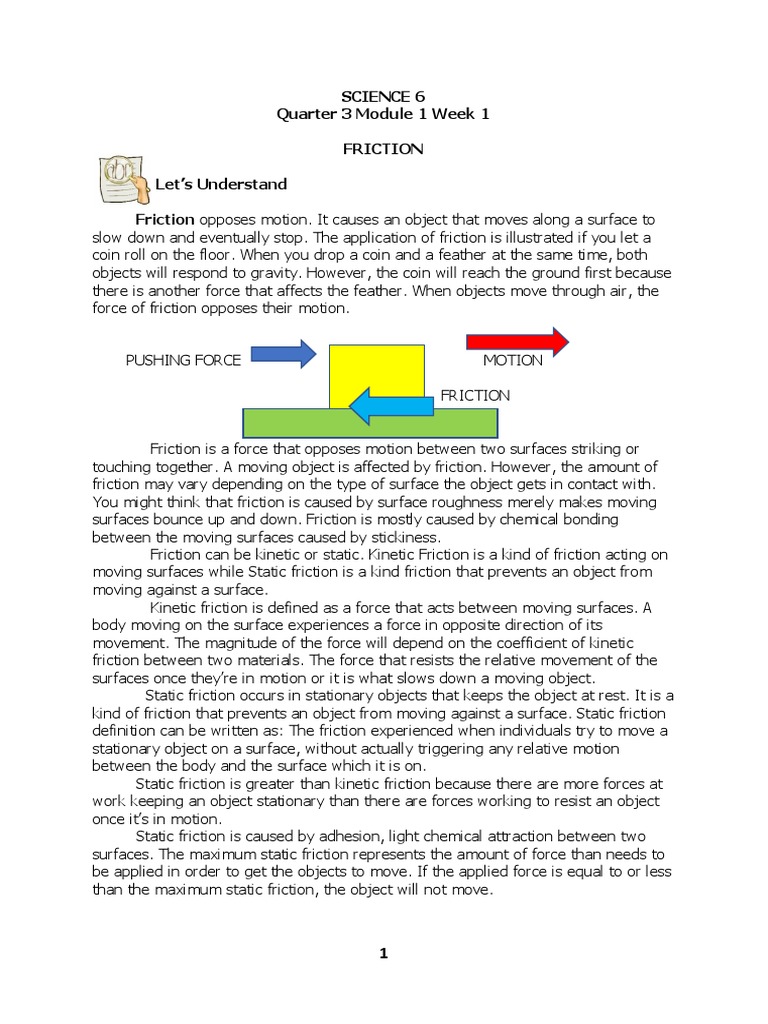 Science 6 Quarter 3 Module 1 Week 1 Friction Let's Understand | PDF | Friction | Force