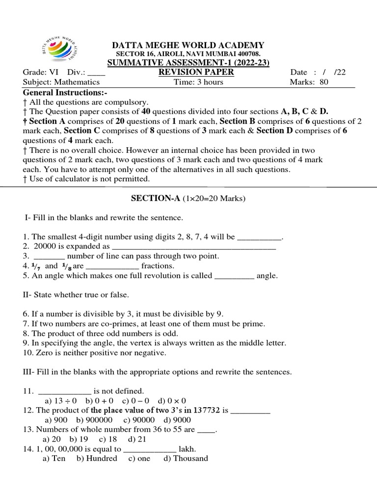 Sa1, 6th, Maths Revision Paper 2022-23 | PDF | Mathematics | Elementary Mathematics