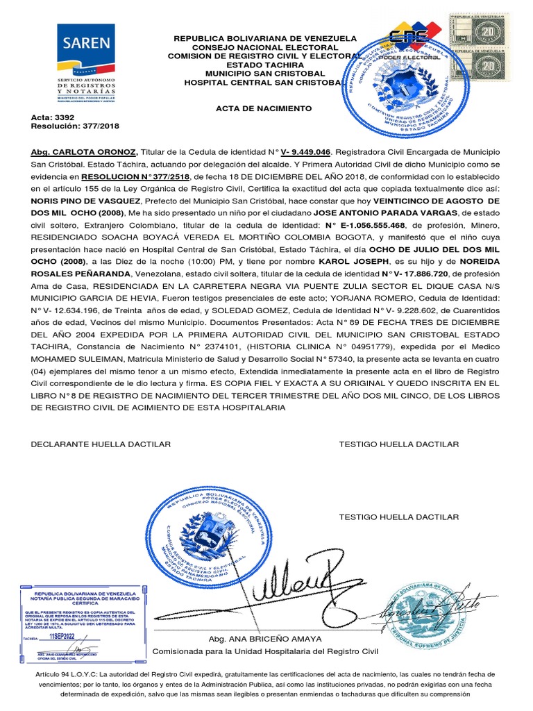 Acta de Nacimiento Karol | PDF | Venezuela | Certificado de nacimiento