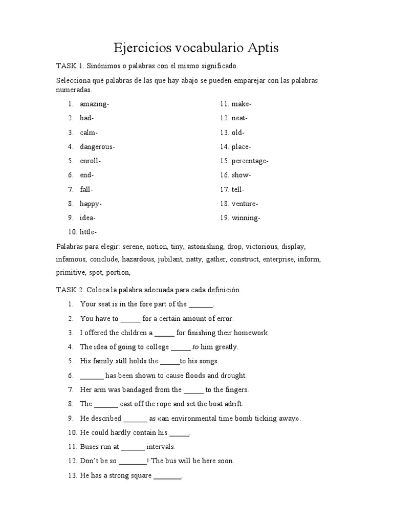 Ejercicios Vocabulario Aptis | PDF
