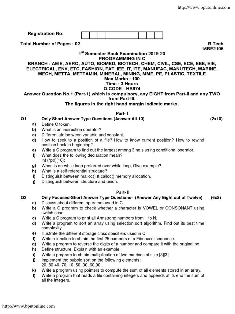 Btech 1 Sem Programming In C 15be2105 2020 Pdf 