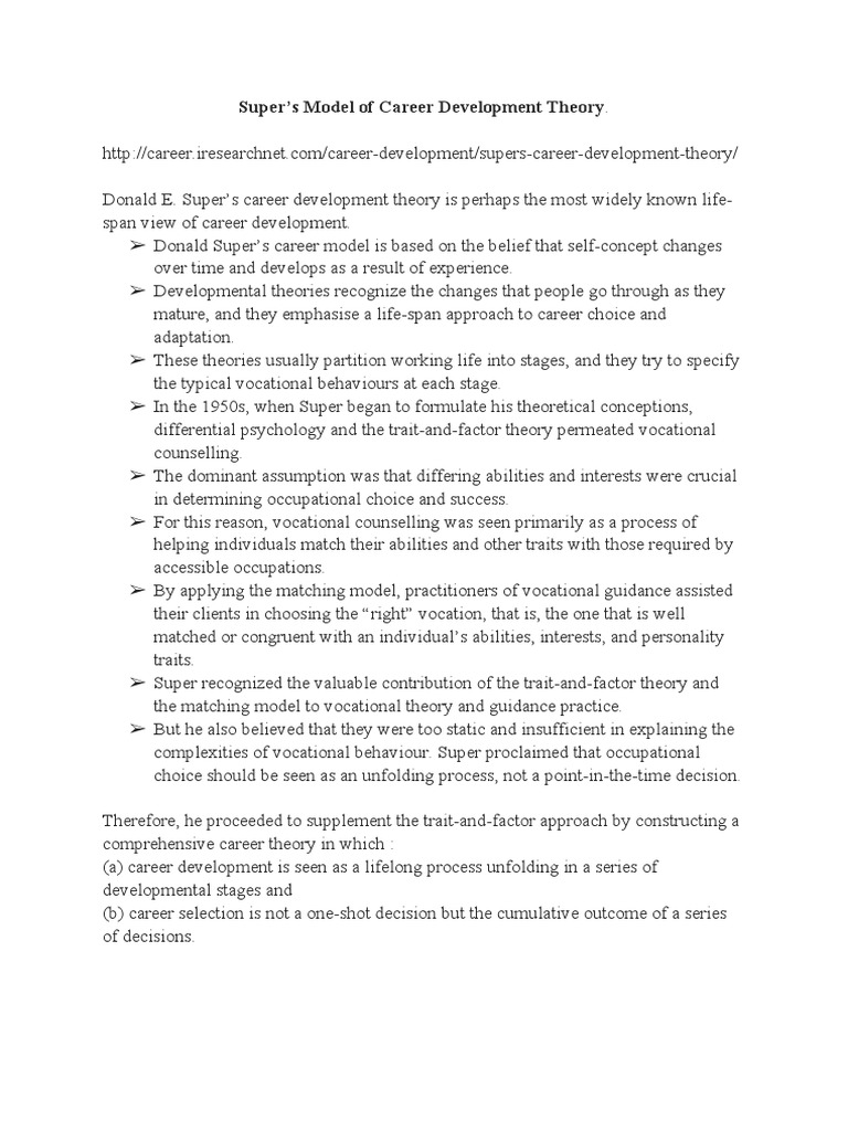 Supers Model of Career Development | PDF | Self Concept | Developmental Psychology