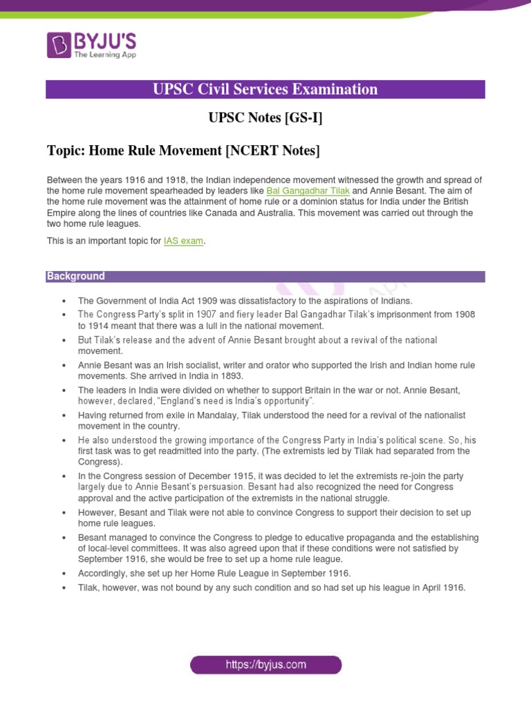 Home Rule Movement NCERT Notes | PDF | Indian Nationalism | British India