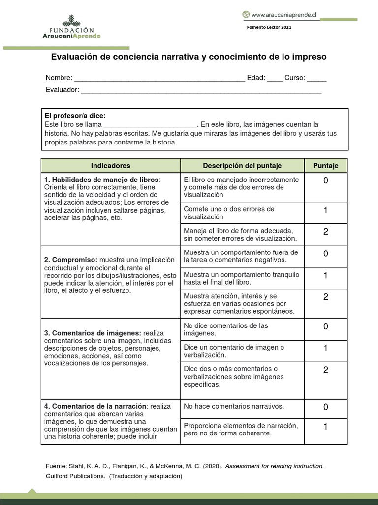 Evaluación de Conciencia Narrativa y Conocimiento de Lo Impreso | PDF ...