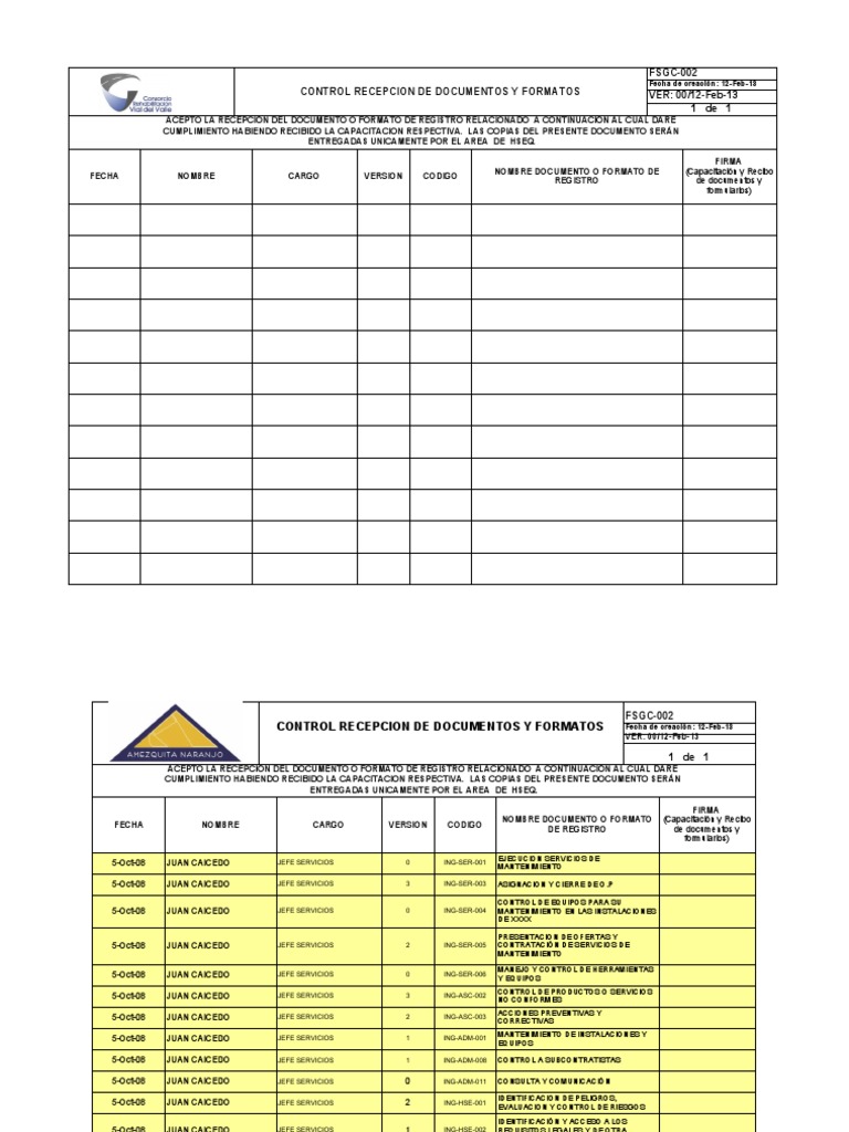 FSGC-002 Control Recepción de Documentos y Formatos | PDF