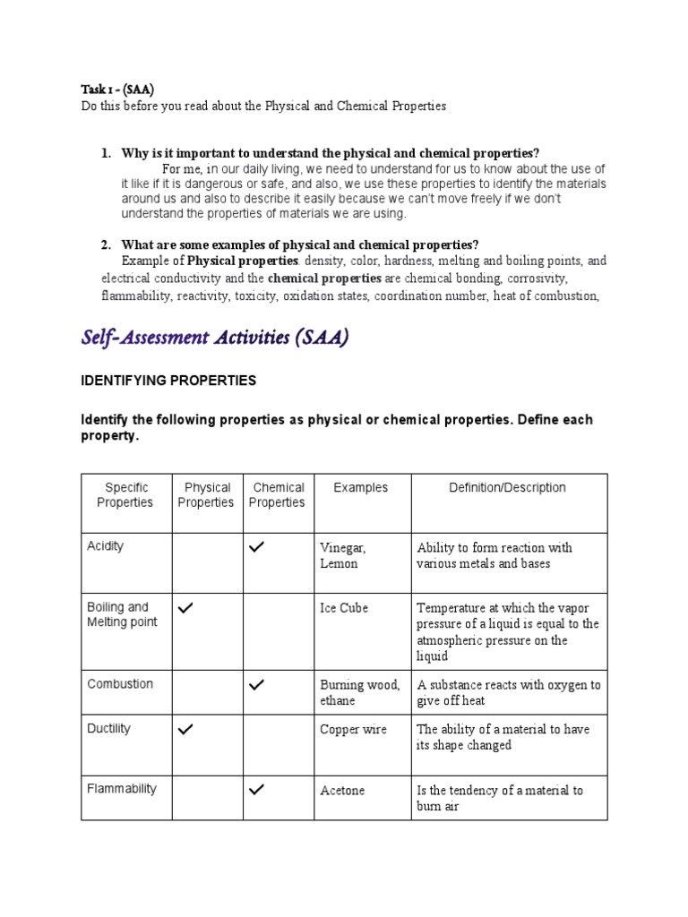 Physical and Chemical Properties Activity | PDF | Chemical Substances ...