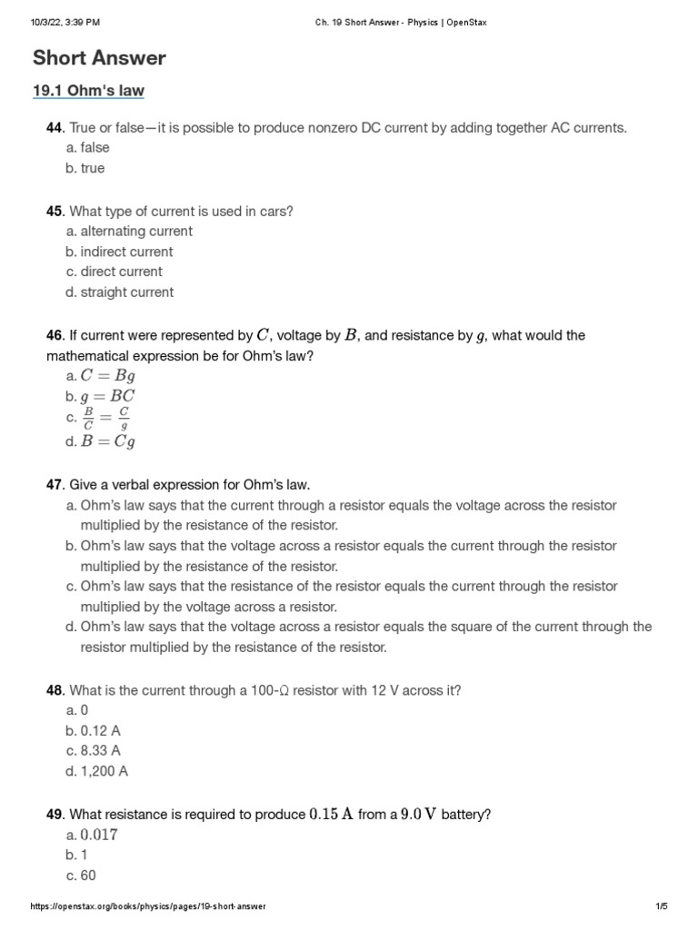 Physics Short Answer: Ohm's Law & Circuits | PDF | Resistor ...