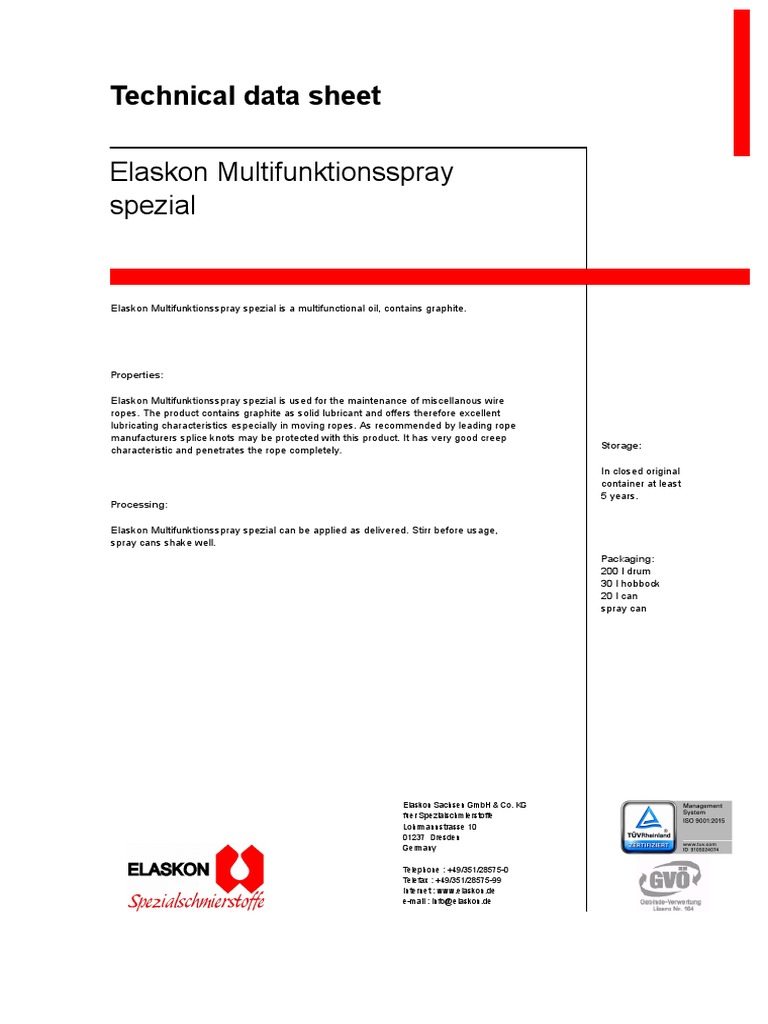 Elaskon Multifunktionsspray Spezial TDS GB-en | PDF | Materials