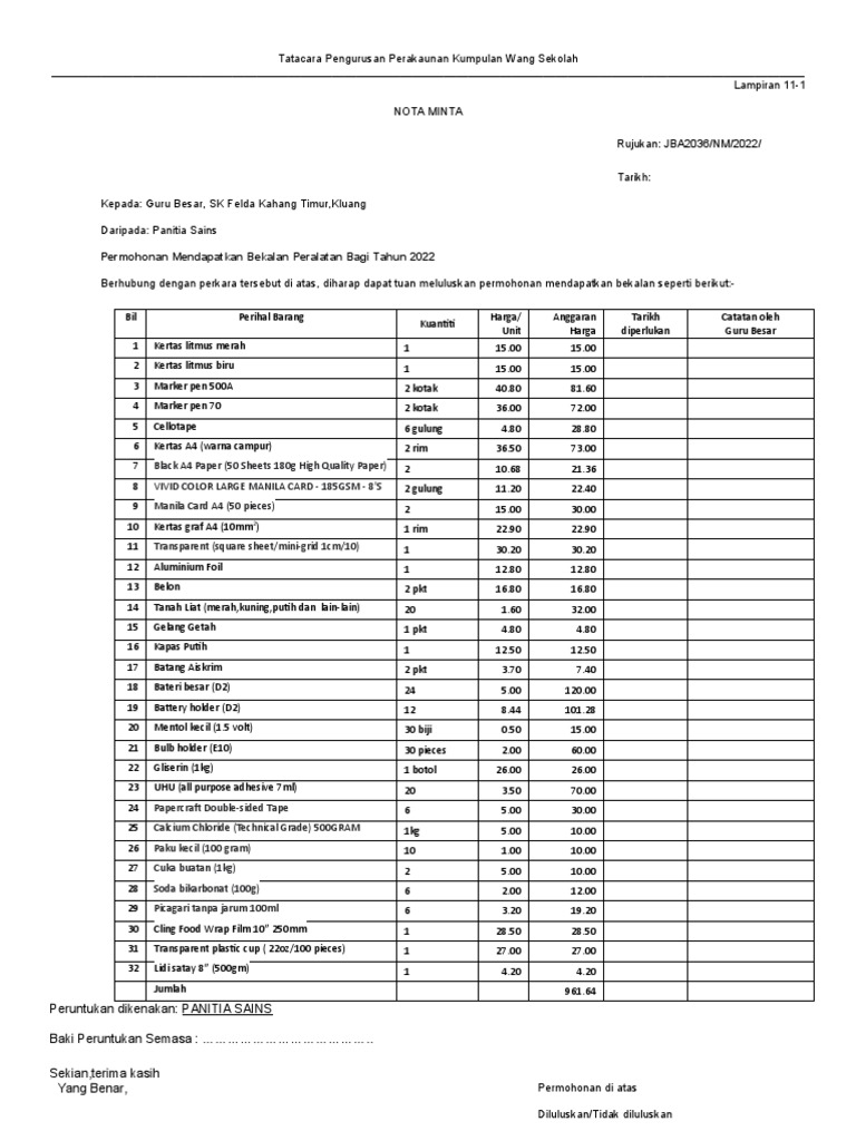Nota Permohonan Bekalan Panitia Sains | PDF