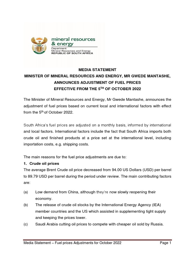 Media Statement - Fuel Prices Adjustment For October 2022 | PDF | Price ...