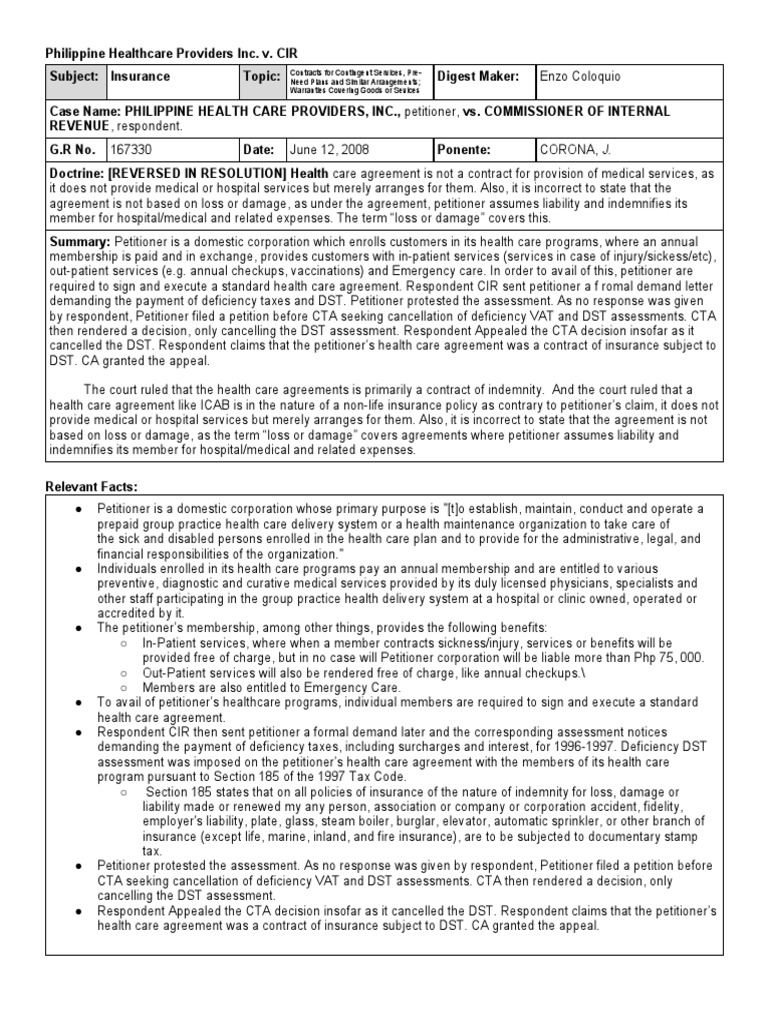 Philippine Health Care Providers v. CIR | PDF | Indemnity | Insurance
