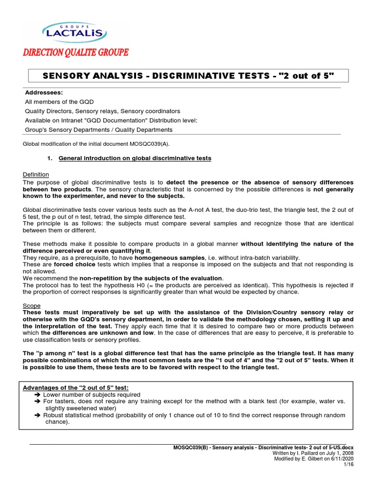 Mosqc039b Sensory Analysis Discriminative Tests 2 Out of 5 Us | PDF ...