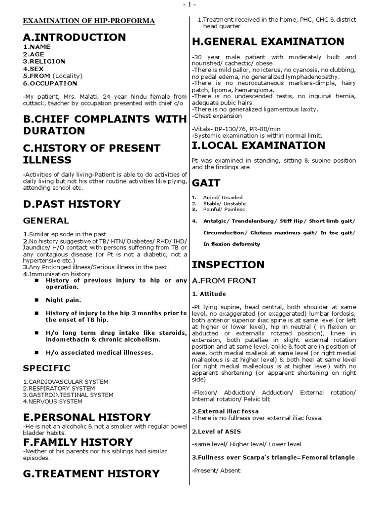 HIP EXAMINATION PROFORMA-final | PDF | Anatomical Terms Of Motion | Pelvis