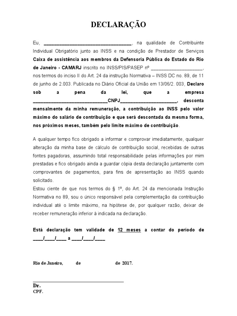Carta Modelo Declaração Inss | PDF