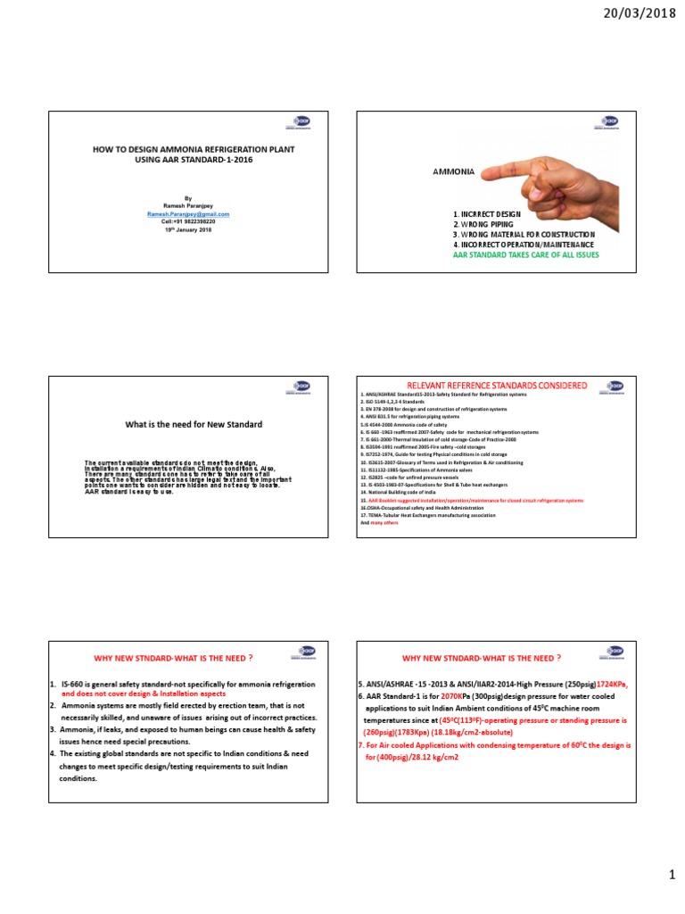 HOW TO DESIGN AMMONIA REFRIGERATION PLANT USING AAR STANDARD 1 2016 by Ramesh Paranjpey | PDF ...