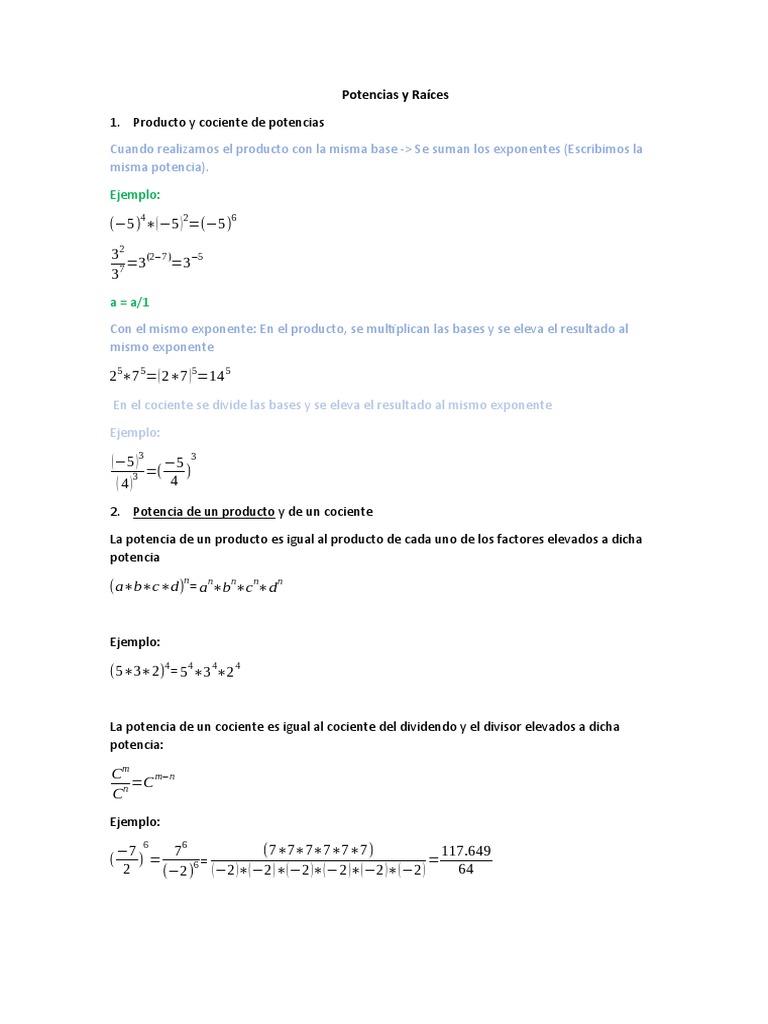 Potencias y Raíces | PDF | Exponenciación | División (Matemáticas)