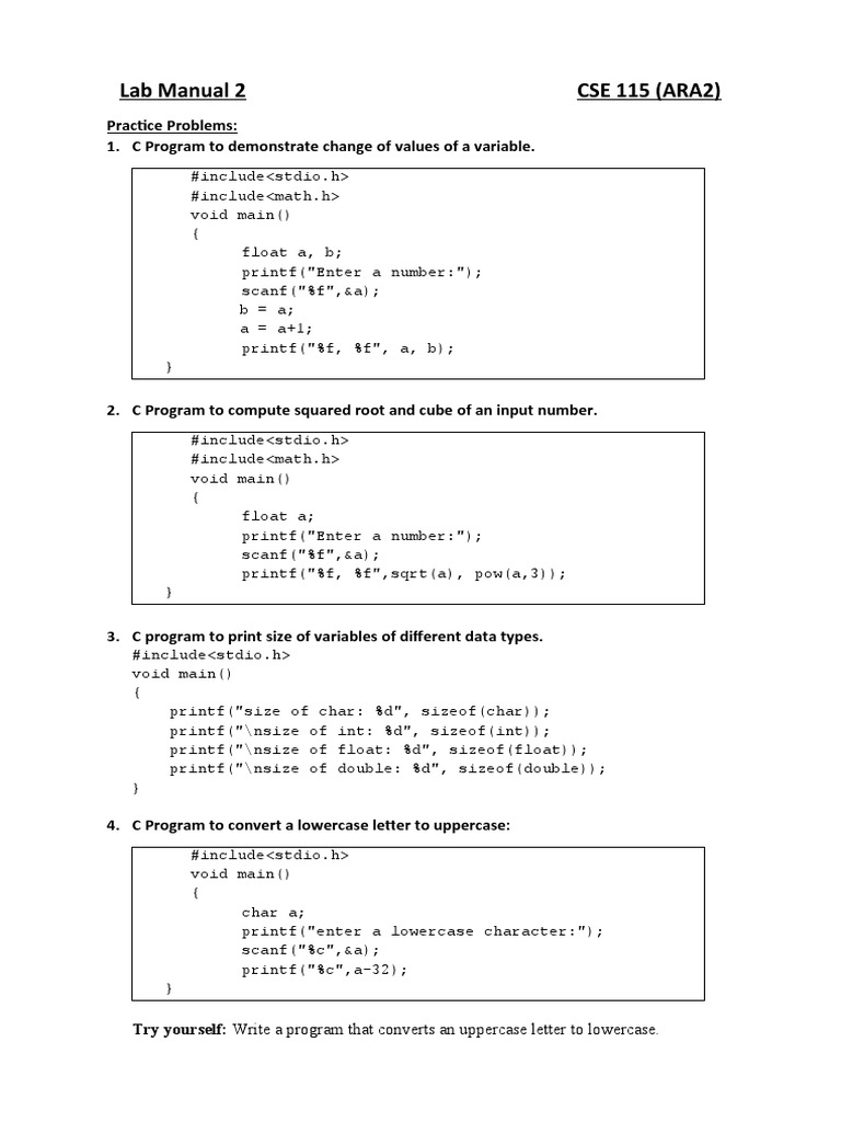 Cse115 Lab Manual 2 Operators Part1 1 Pdf