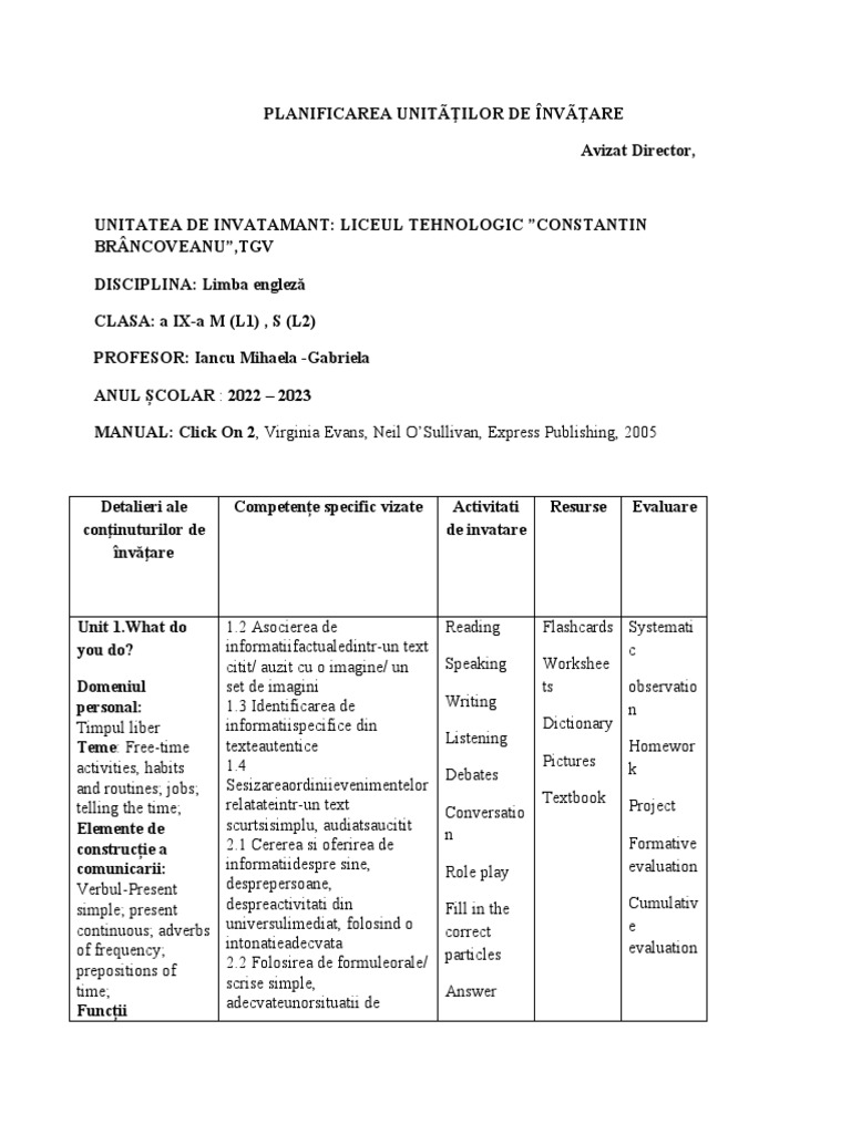 Planificari Pe Unitate Click On 2 | PDF